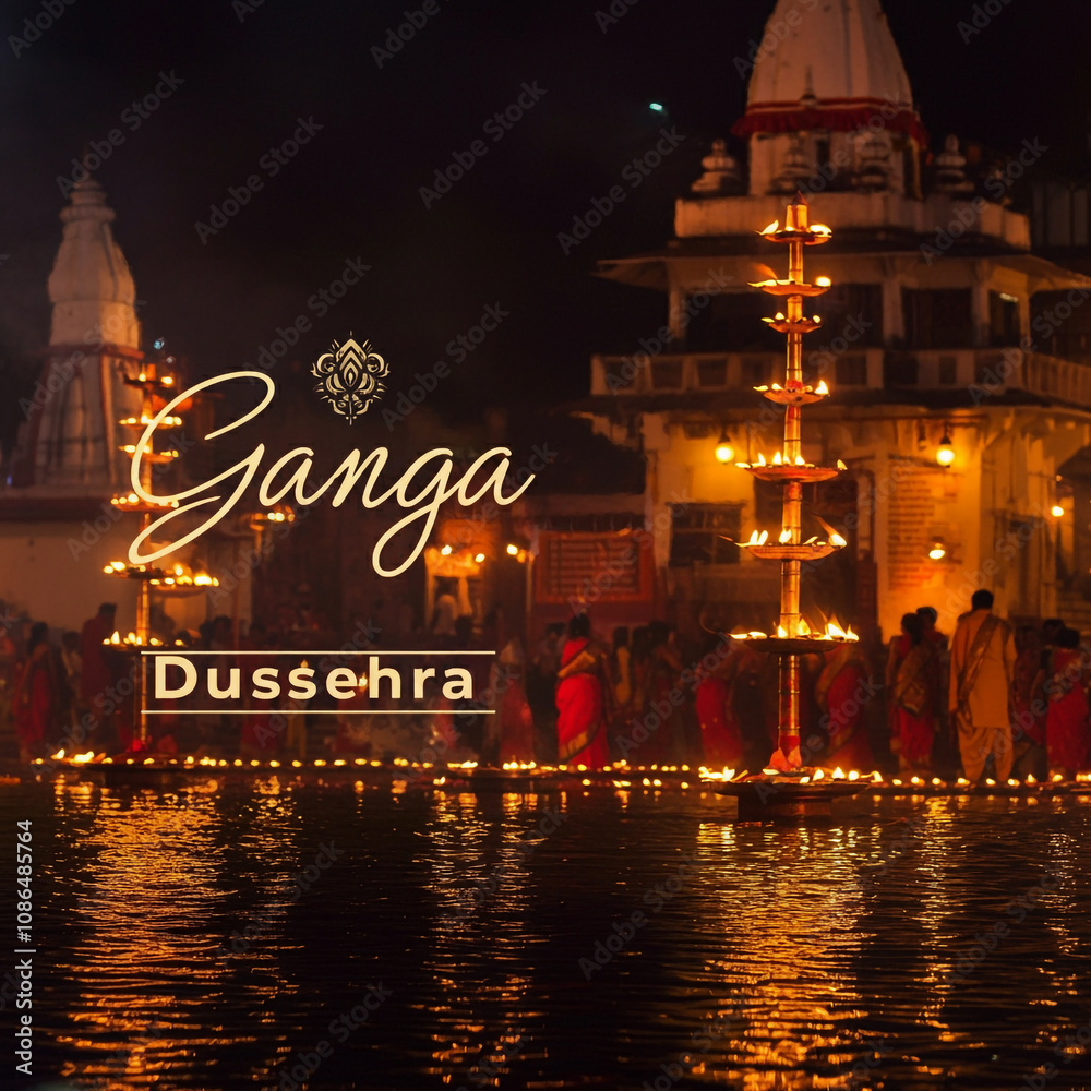 Beautiful night scene of Ganga Dussehra with glowing diyas, a grand ...