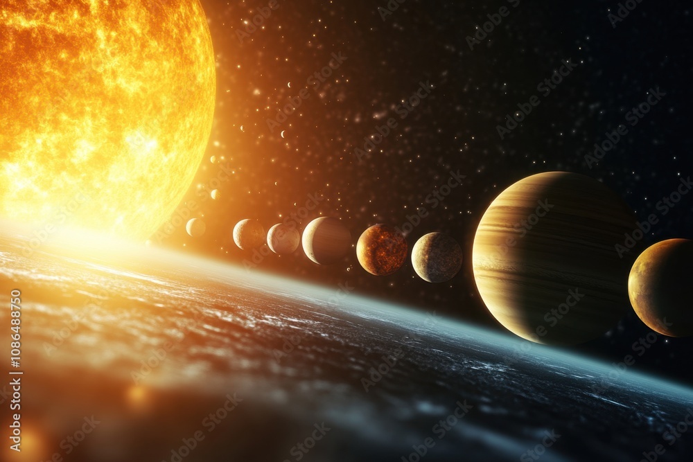 A vibrant, detailed, and realistic depiction of the solar system with a ...