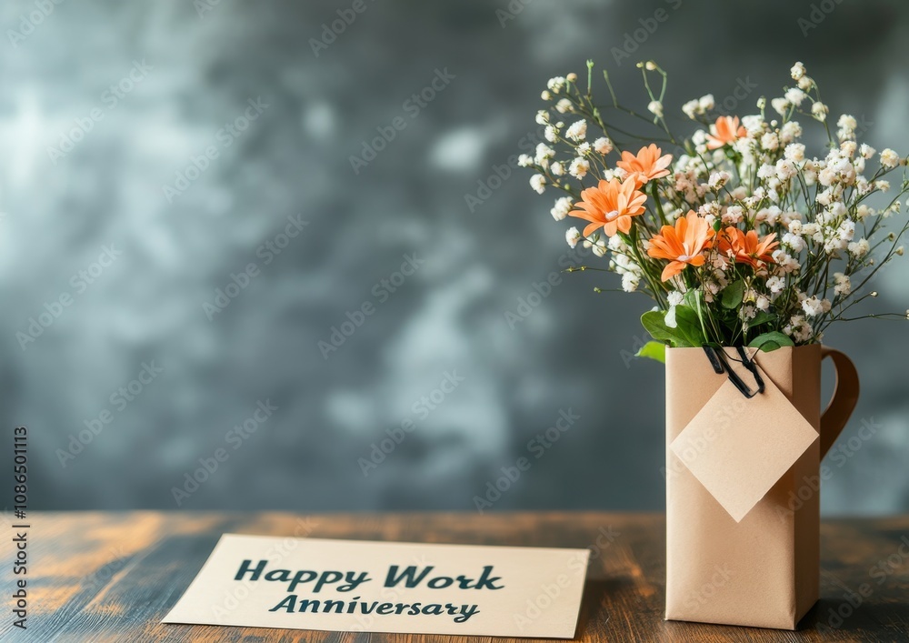 Happy work anniversary concept. A bouquet of flowers beside a card ...