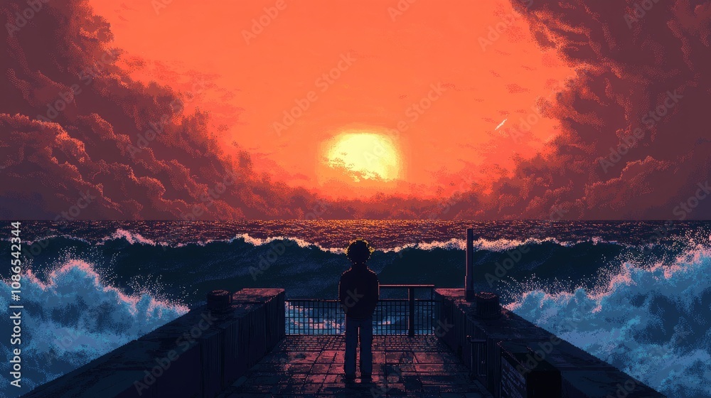 8-bit anime character standing on a pier watching the pixelated waves ...