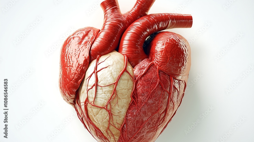 A highly detailed, realistic 3D rendering of a human heart, showing its ...