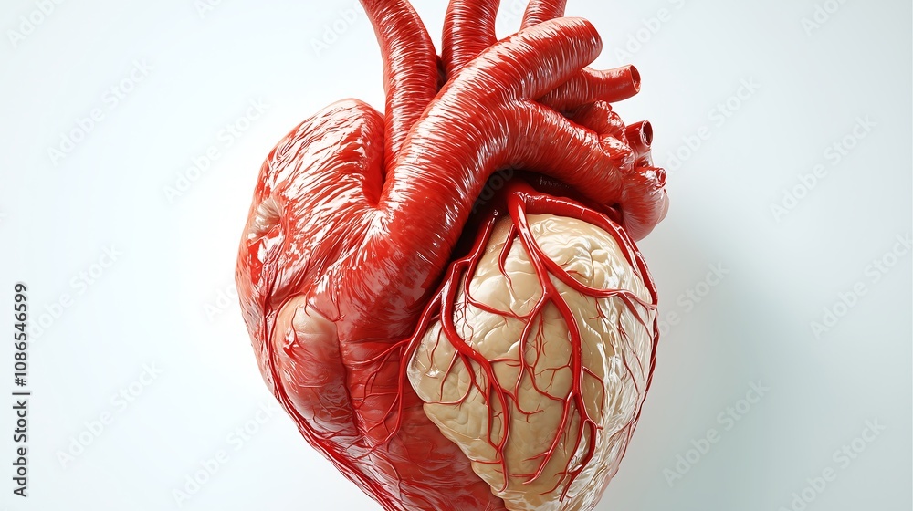 A highly detailed, realistic 3D rendering of a human heart, showing its ...