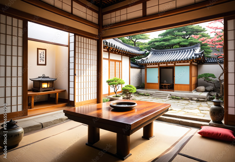 A traditional Korean hanok-style living space opening onto a charming ...