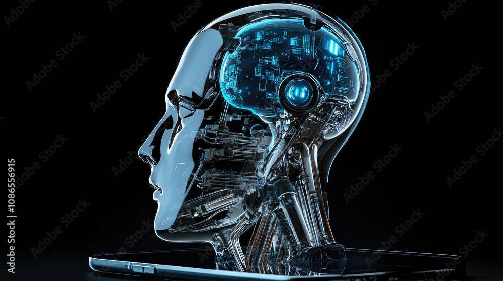 Mobile phone with exposed AI brain and robotic framework, concept of ...