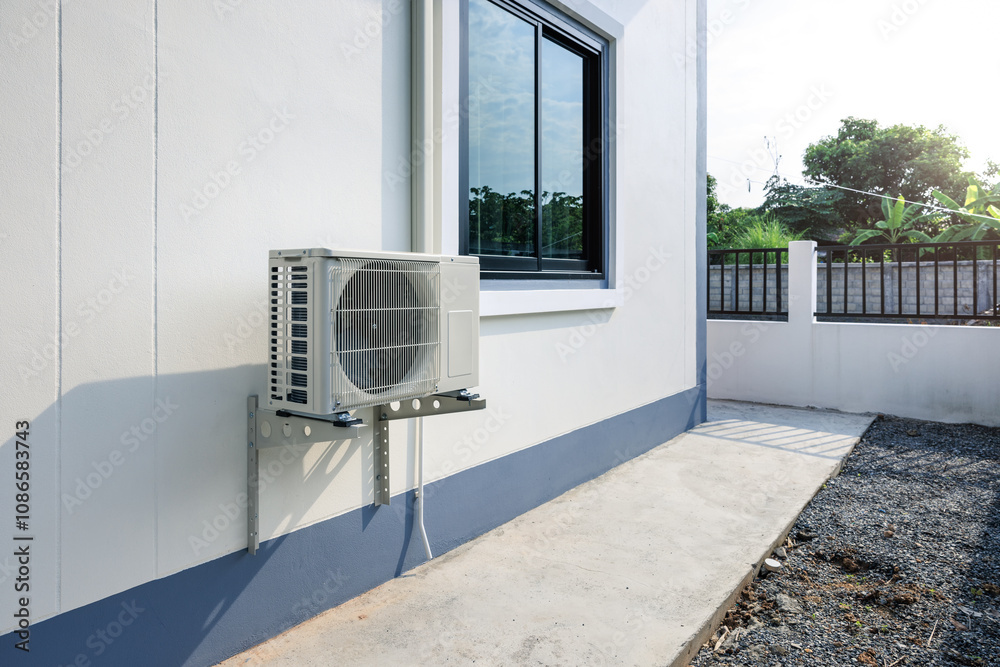 Condenser unit or compressor outside home or residential building. Unit ...