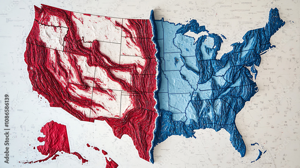 A Divided Map of the U.S. Split by Red and Blue Fault Lines, with ...