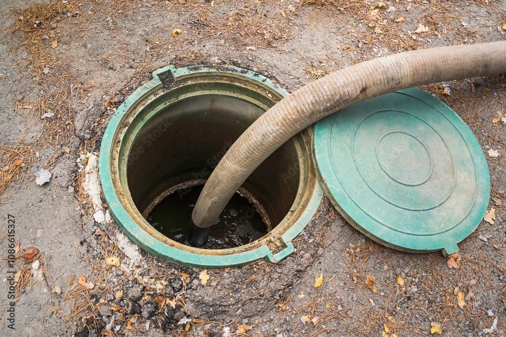 Pumping sewage. A vacuum hose extends into a green sewage tank, ready ...