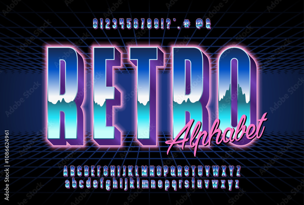 Retro Futuristic font in 1980s retrowave, synthwave style. Bright ...