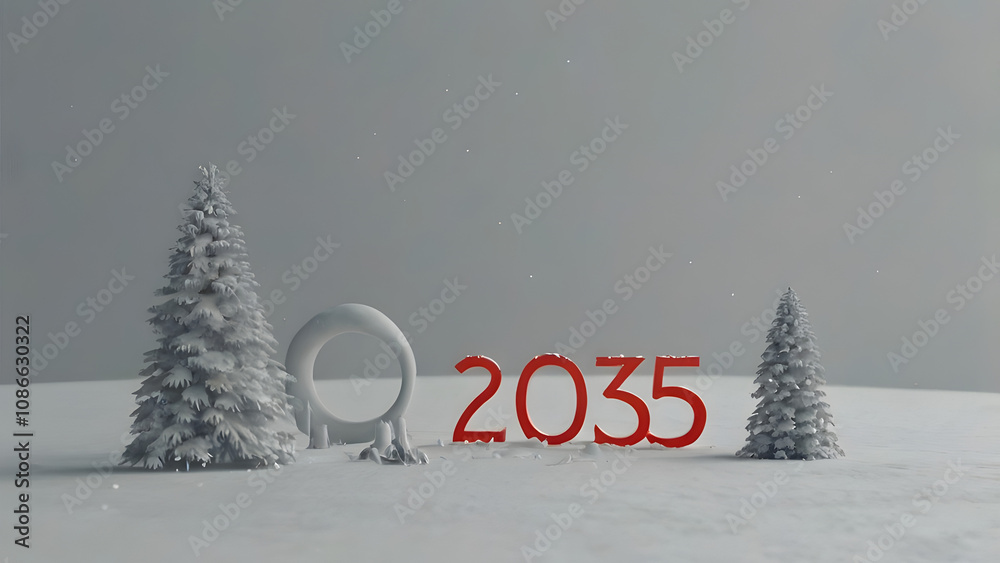 New 2035 year red thin numbers in composition between two fir trees ...