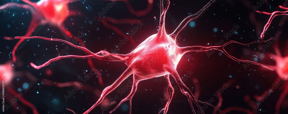 Microscopic Neuron Network Red Neural Cell Brain Cell Nervous System Synapse Stock Illustration