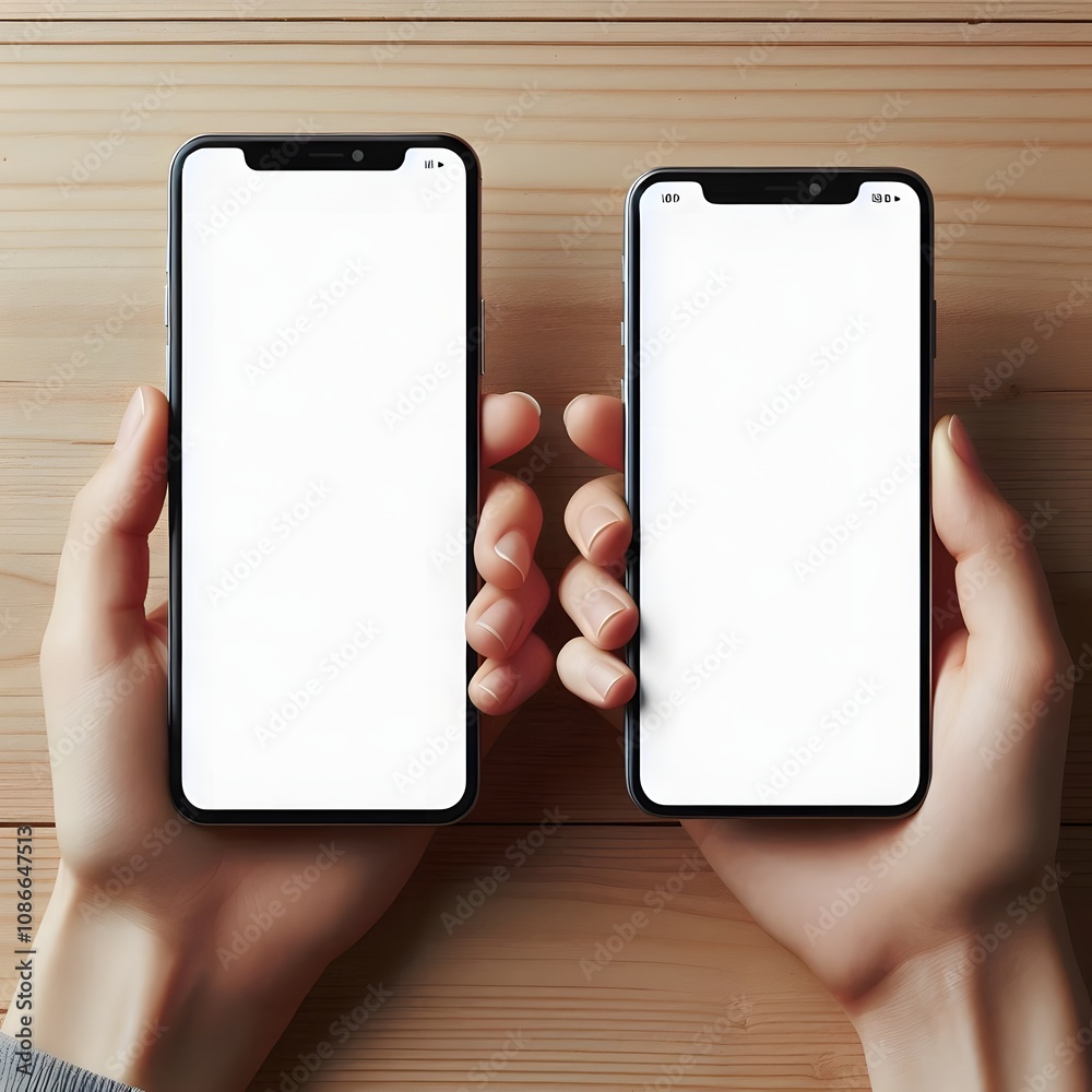 Two Hands Holding Smartphones: Blank White Screens for Mockups ...