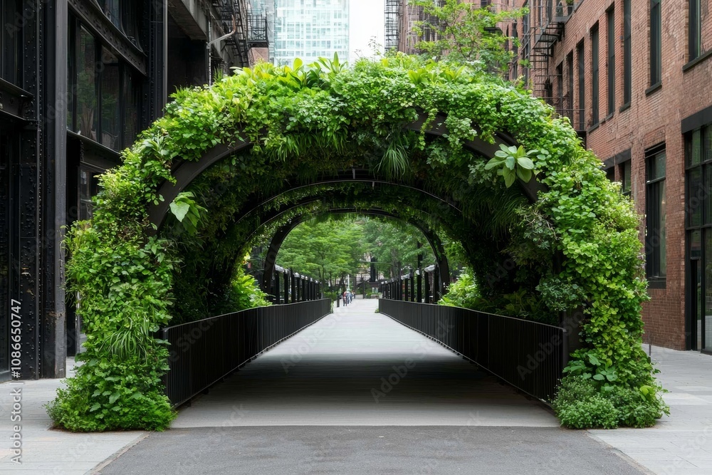 Connecting green pedestrian bridge covered in plants urban environment ...