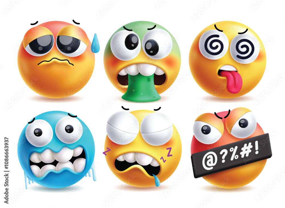 Nervous emoji vector characters set. Emojis 3d clip art like unwell ...
