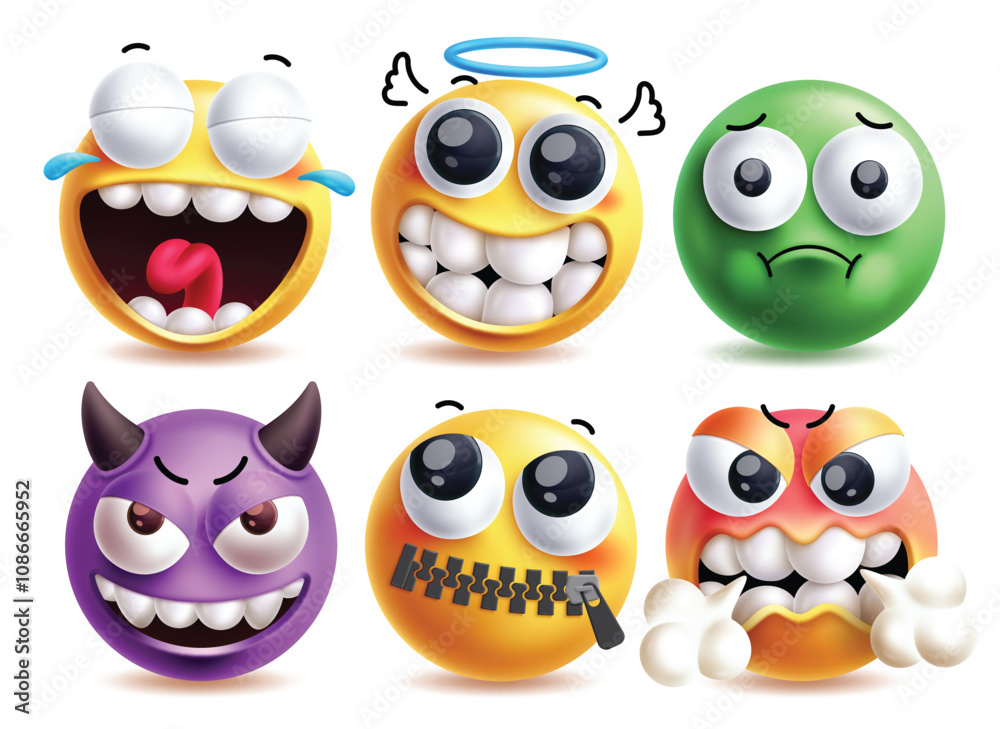 Vector de Stock Annoyed face emoji vector characters set. Emojis angel ...