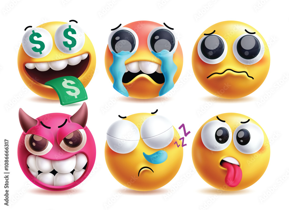 Sob emoji vector characters set. Emojis money tongue, crying ...