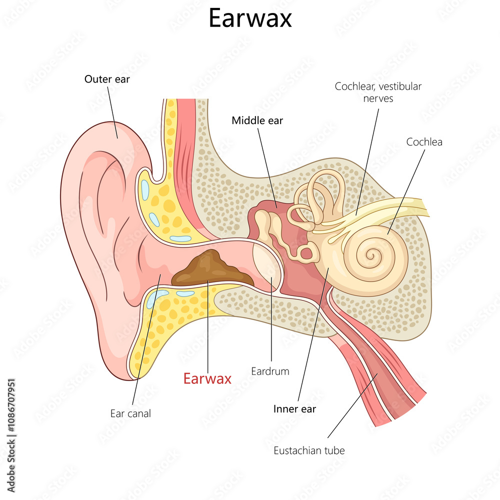 ear anatomy showing earwax in the ear canal, labeling outer, middle ...