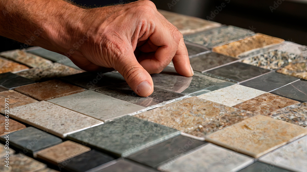 Architect's hand selecting a stone tile sample from a collection ...