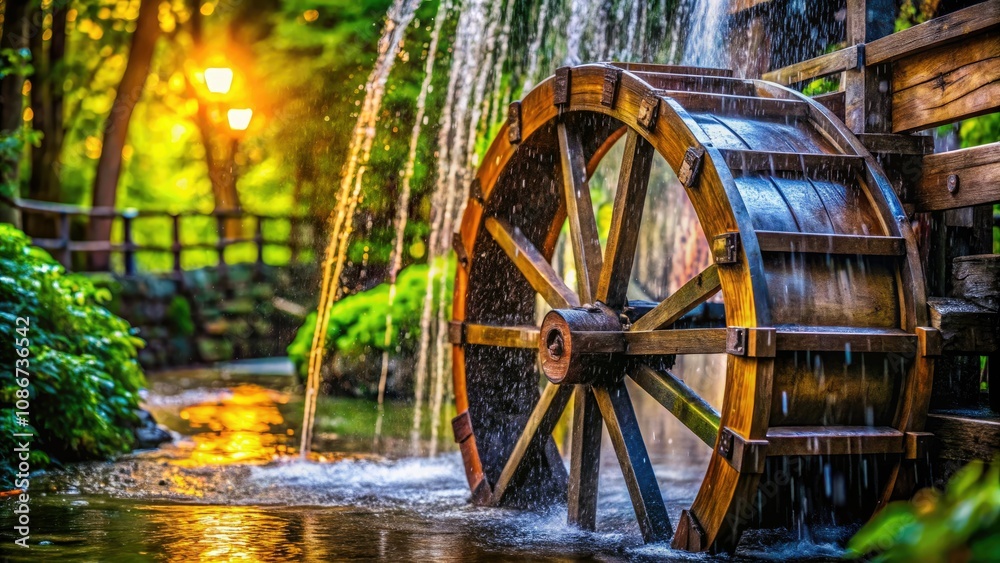 The rotating wooden water mill wheel in the flowing river, captured ...