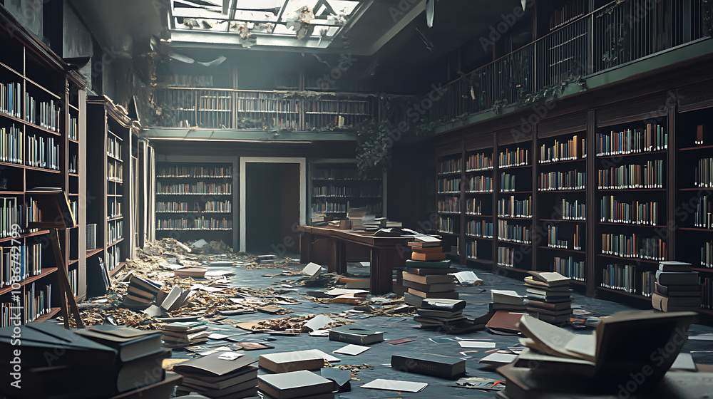 Undergraduate library deserted, books scattered across floor, time-worn ...