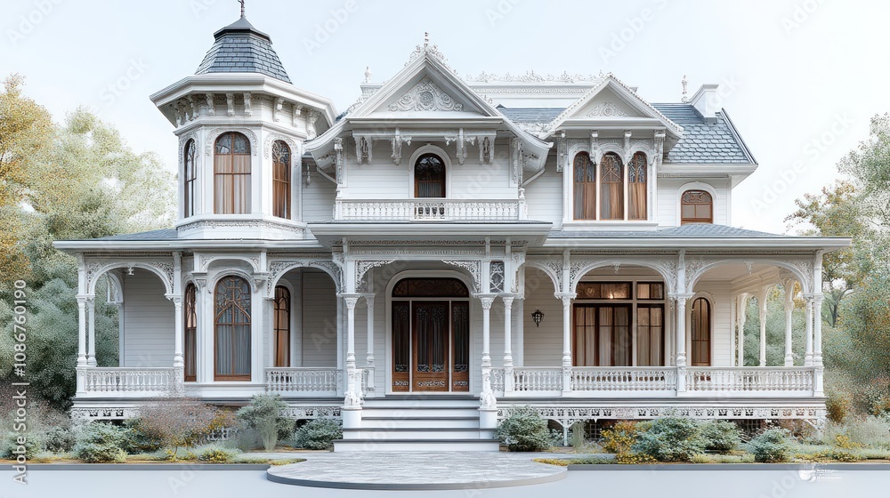 3D model of a Victorian-style home with ornate details and a turret, on ...