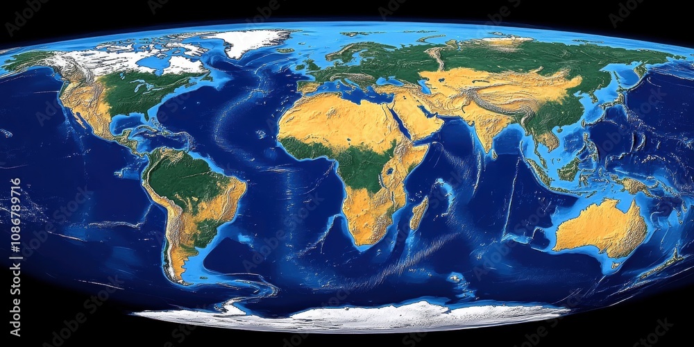 Detailed Geographic Projection of Earth Highlighting Landforms, Water ...