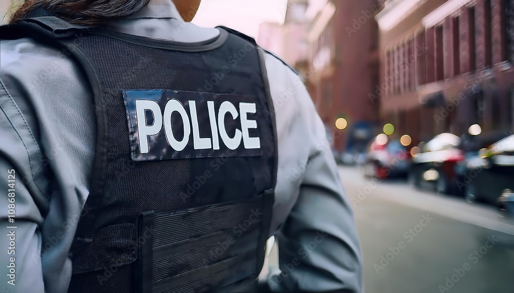 Back view of a police officer in uniform walking down a city street ...
