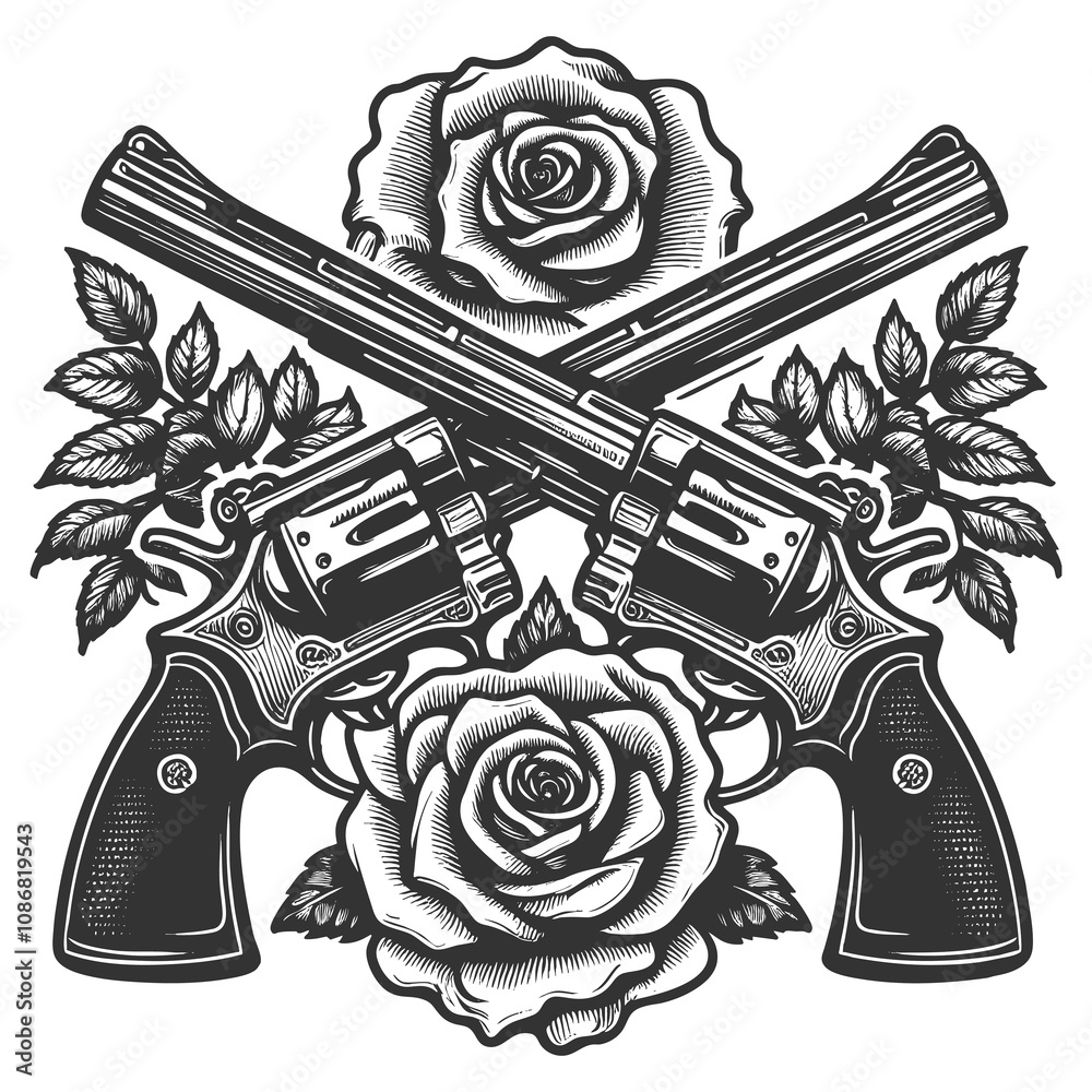 Illustration Stock crossed revolvers adorned with roses. Tattoo design ...