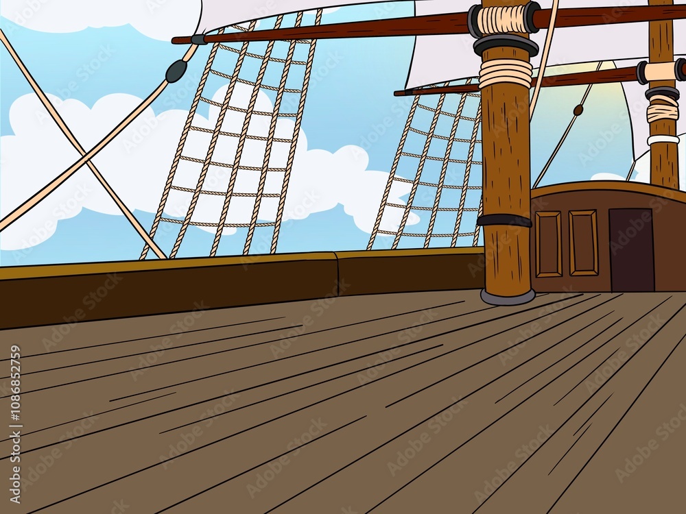Pirate ship illustration cartoon background. Sails, rigging, captain ...