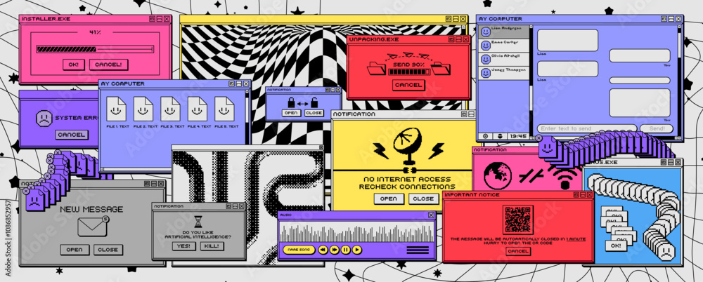 Retro desktop pc interface windows. Vintage colorful digital icons ...