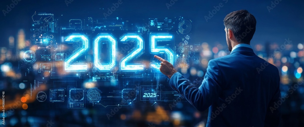 Futuristic 2025 Digital Interface with Businessman in Blue Suit ...