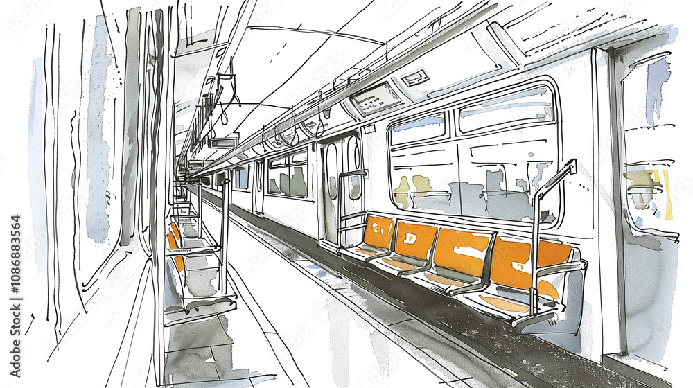 Sketch illustration of an empty subway car interior with orange seats ...
