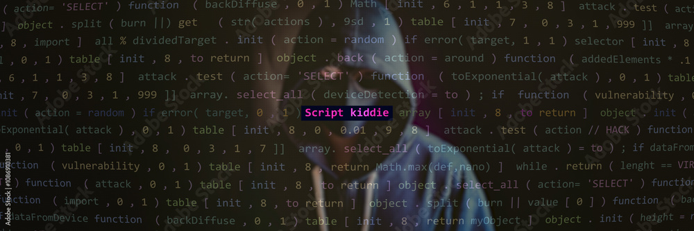 Cyber attack script kiddie text in foreground screen, Anonymous hacker hidden with hoodie in the ...