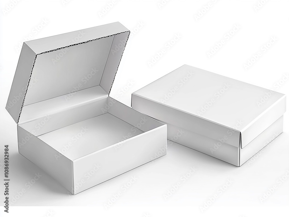 Blank white flat square gift box with open and closed hinged flap lid ...