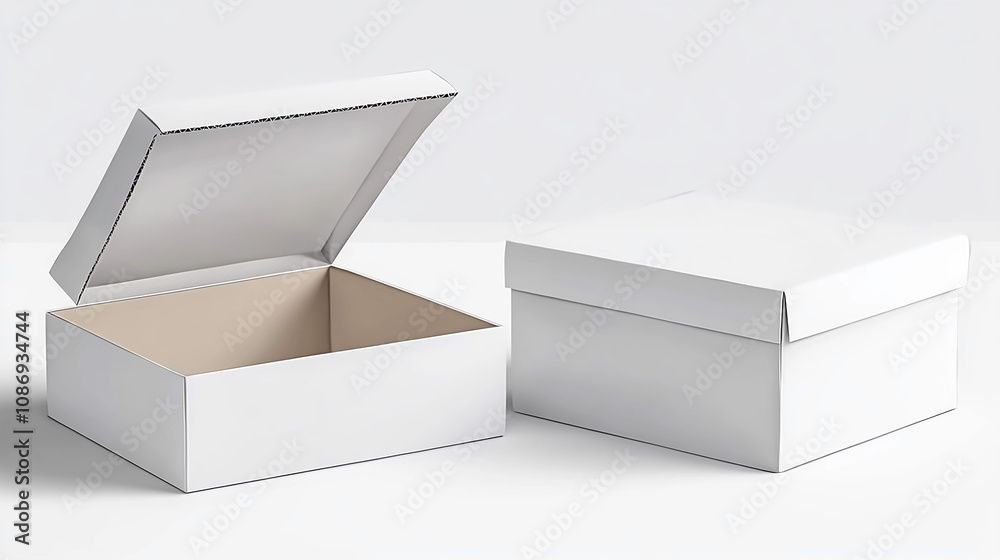 Blank white flat square gift box with open and closed hinged flap lid ...