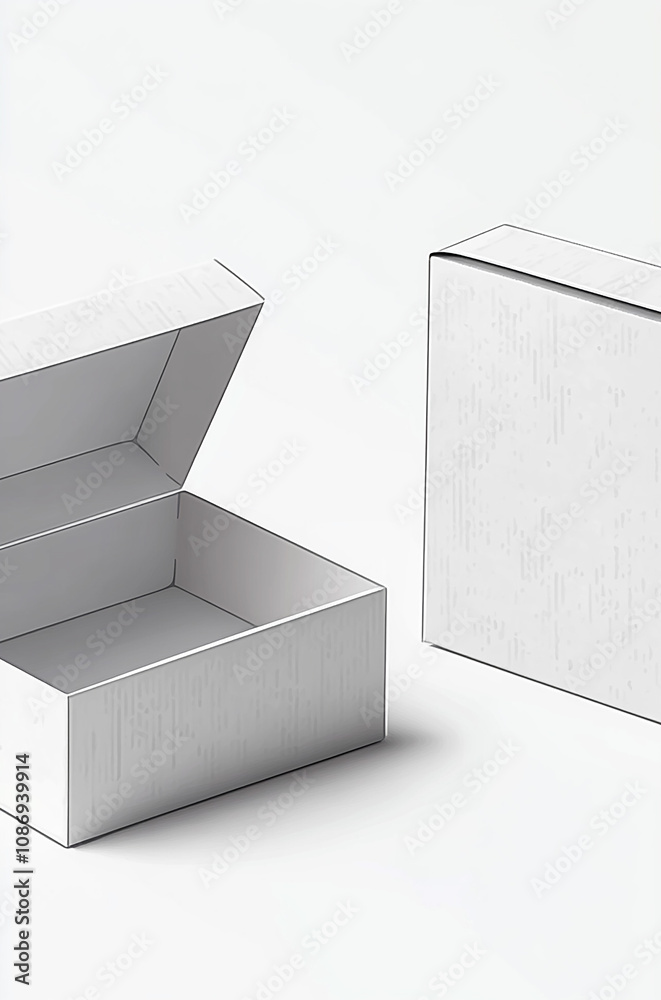 Blank white flat square gift box with open and closed hinged flap lid ...