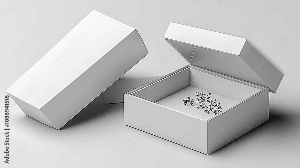 Blank white flat square gift box with open and closed hinged flap lid ...