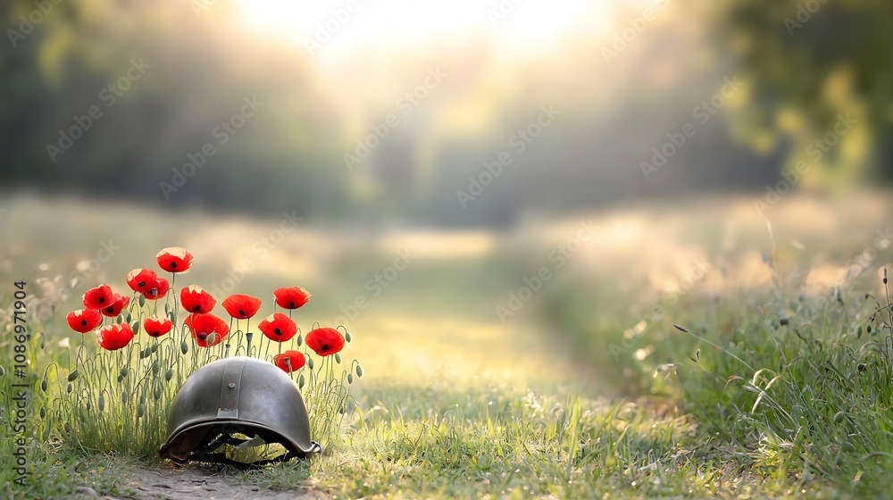 Closeup of vibrant red poppies standing beside a vintage military ...
