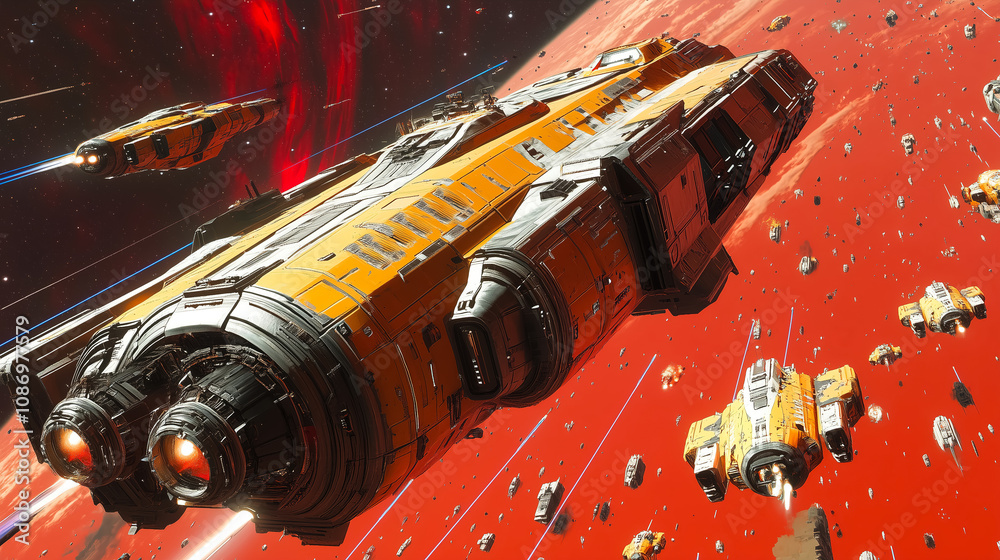 Exploration of a vibrant red galaxy with futuristic spaceships ...