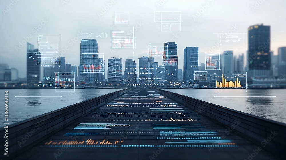 Futuristic pier overlooking a dynamic cityscape with an advanced ...