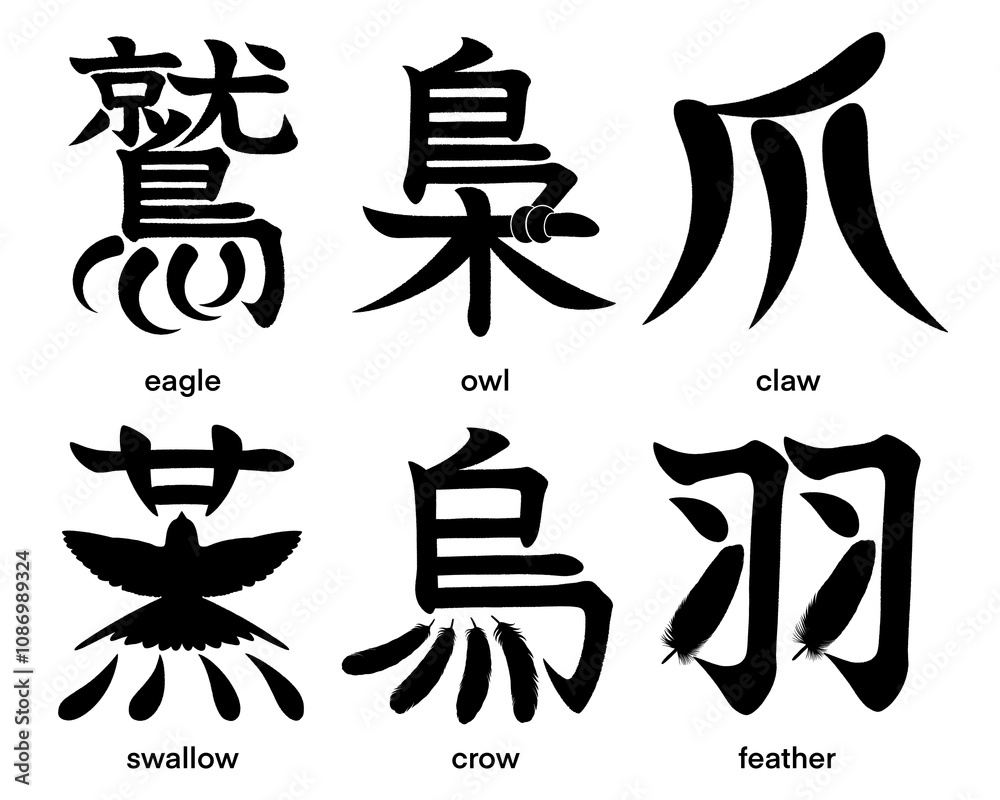 Pictorial Japanese kanji characters for various birds isolated on ...