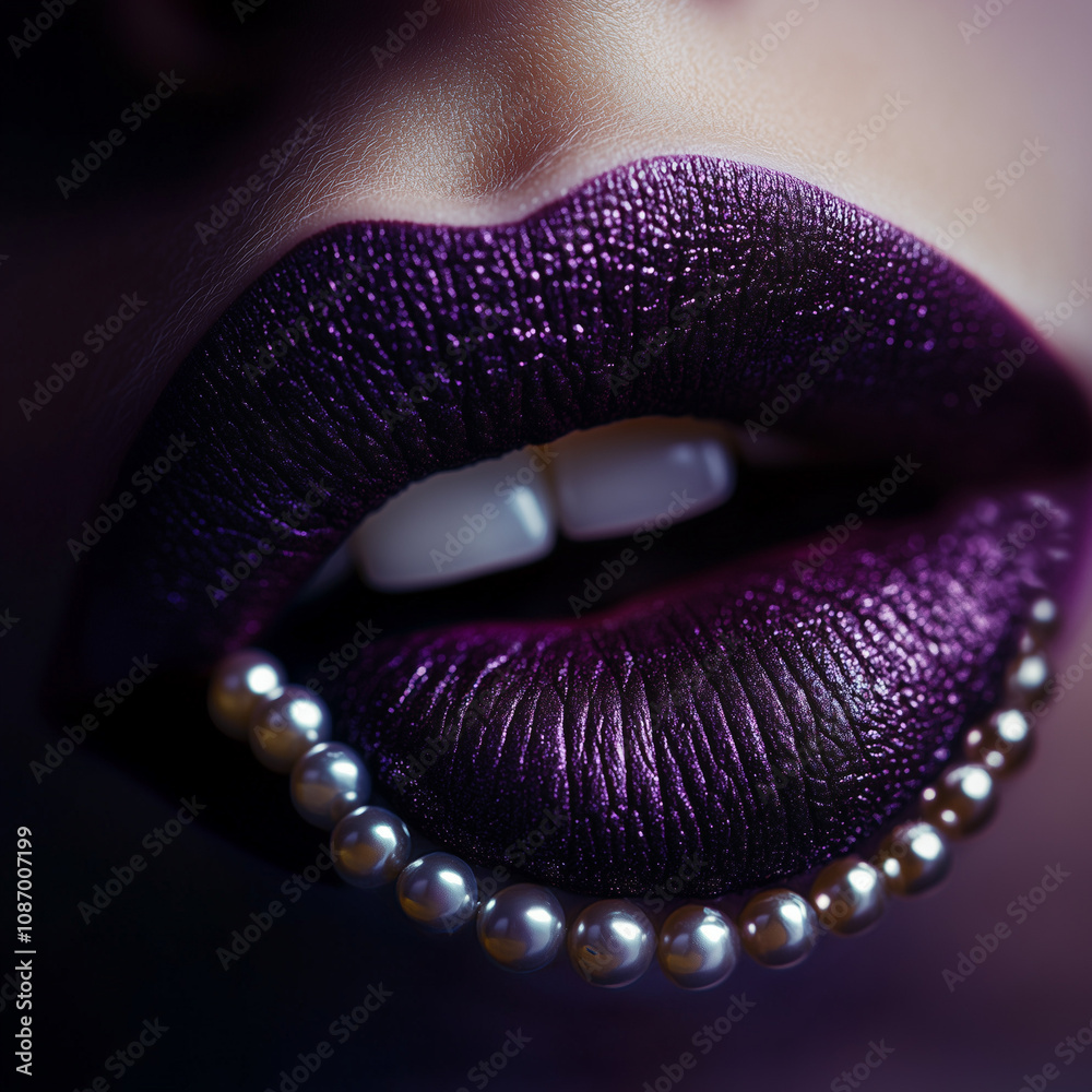 Surreal Glamorous makeup featuring pearl-embellished lips, matte dark ...