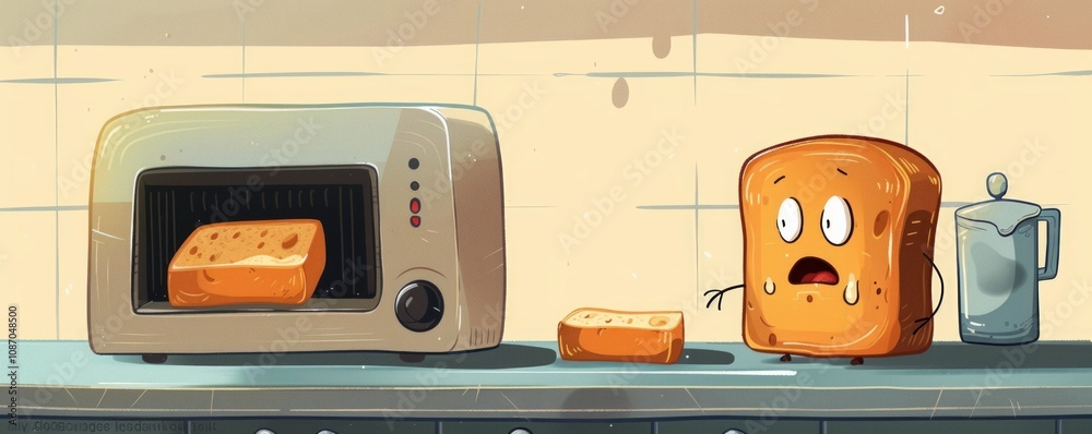 Cartoon forgetful brown toaster pops up empty, looking confused as a ...
