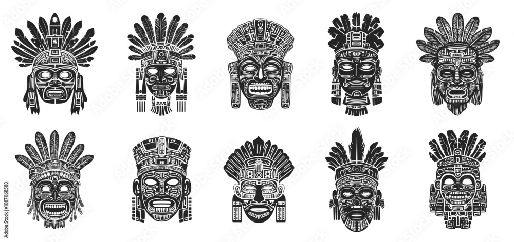 Ancient ceremony black Aztec mask set. Ritual religious totem symbols ...