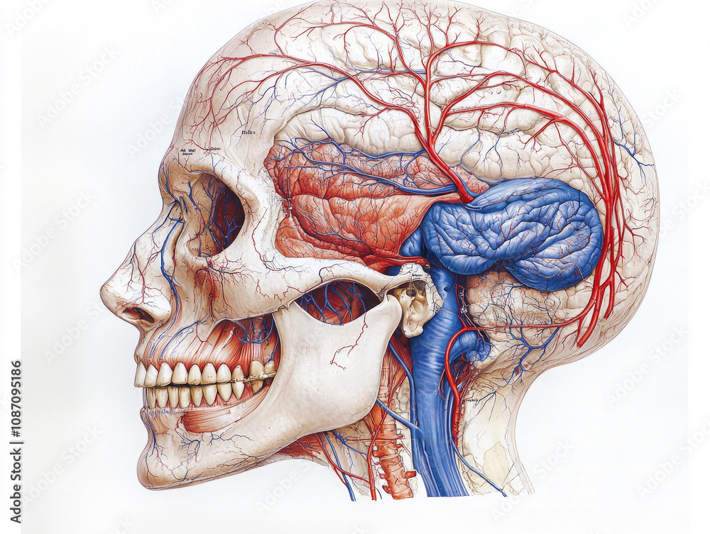 professional diagram illustrating facial vascular network side profile ...