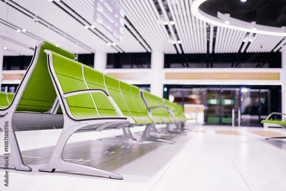 Bench in the terminal of airport. Empty airport terminal waiting area ...