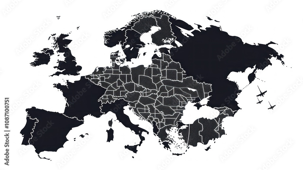 Europe & Asia Political Map with Planes Stock Illustration | Adobe Stock