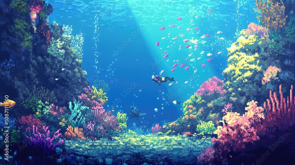 8-bit pixel art anime-style underwater scene with coral reefs, glowing ...