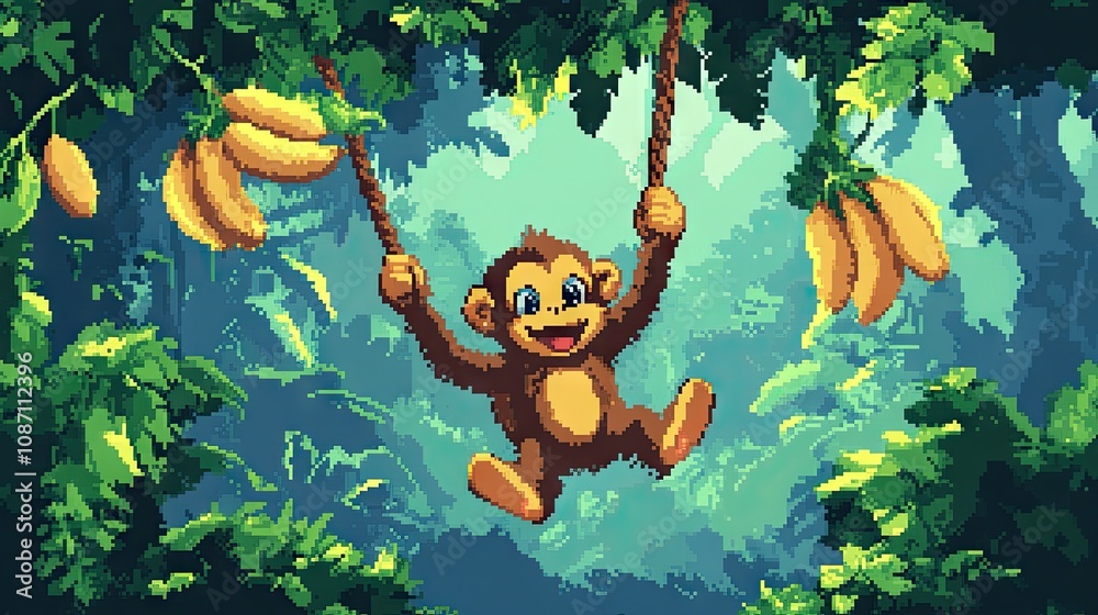 8-bit pixel art of a cute monkey swinging on a jungle vine with bananas ...