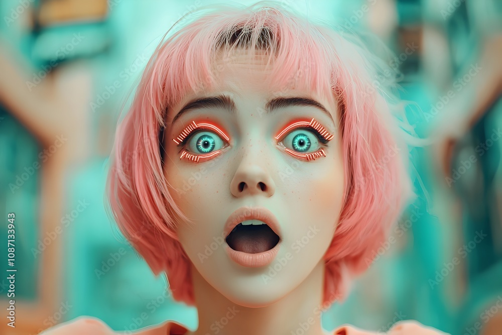 Retro pop art woman with surprised expression neon pink pixie cut ...