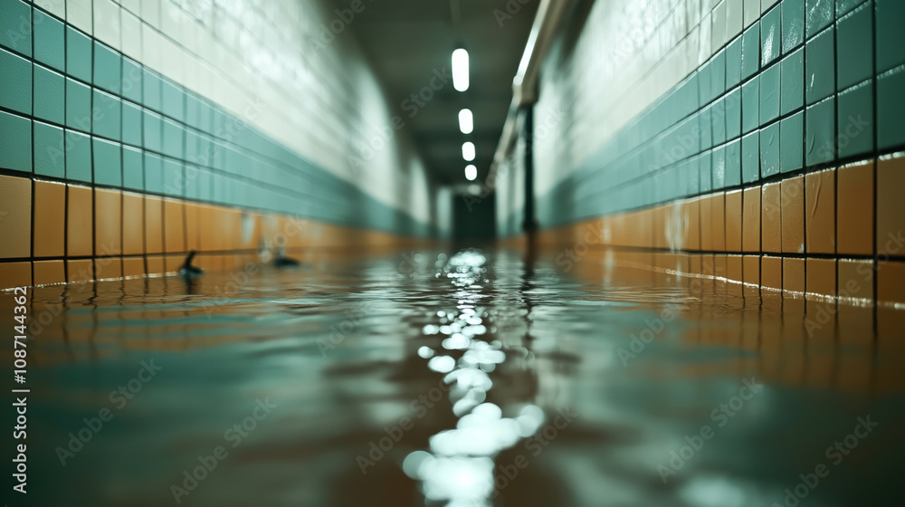 Flooded corridor with tiled walls, standing water reflecting overhead ...